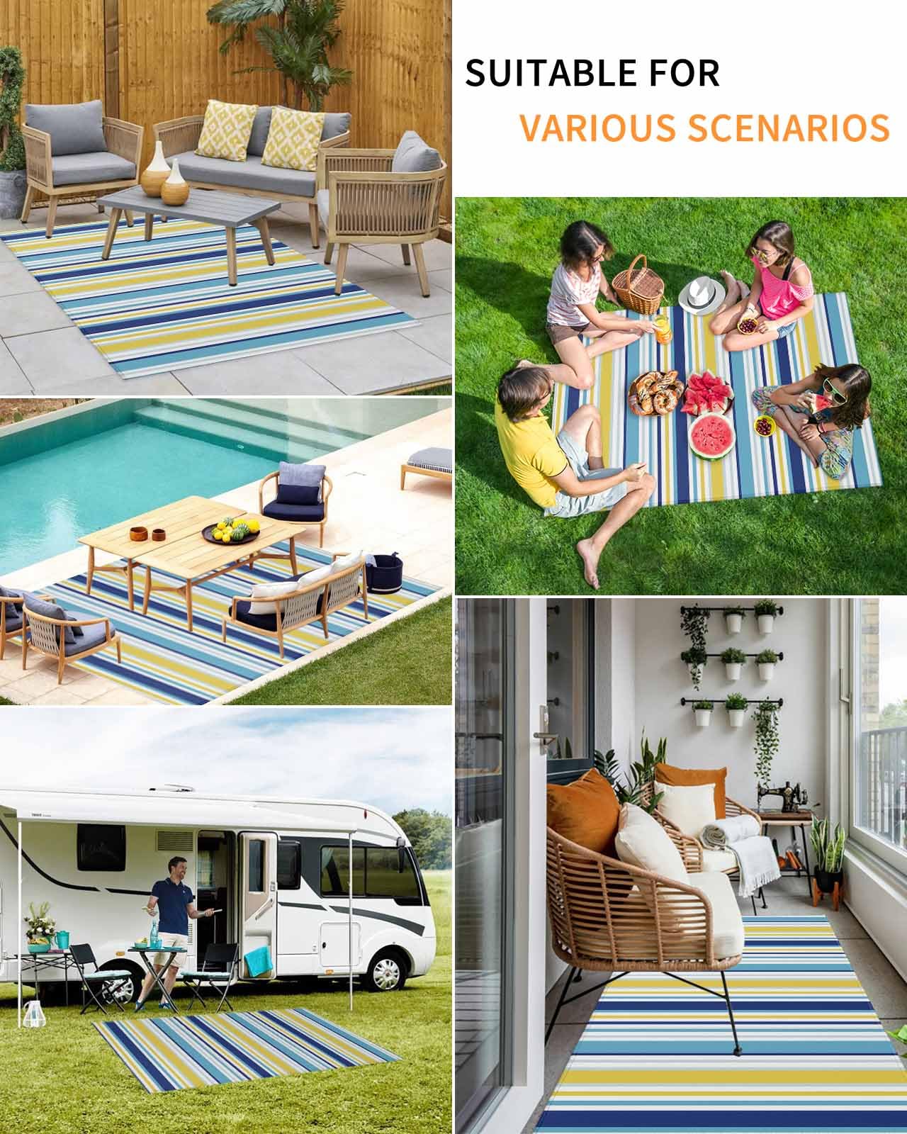 Blue Yellow Striped Outdoor Rug for Patio/Deck/Porch, Non-Slip Large Area Rug 4 x 6 Ft, Farmhouse Navy Blue Ombre Stripes Indoor Outdoor Rugs Washable Area Rugs, Reversible Camping Rug Carpet Runner