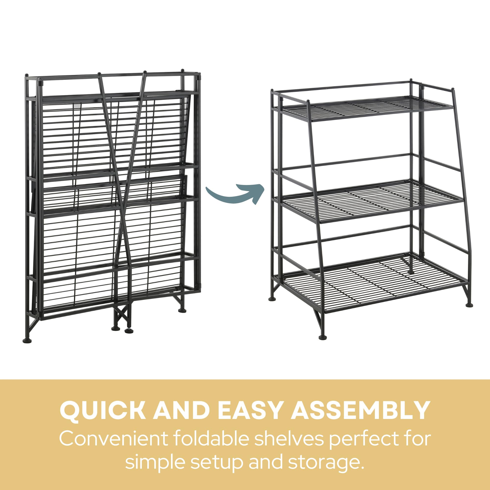 Convenience Concepts Xtra Storage Shelves - 3-Tier Ladder Folding Metal Shelving Organizer Stand, Modern Stands for Storage and Display in Living Room, Bathroom, Office, Den, Kitchen, Garage, Black