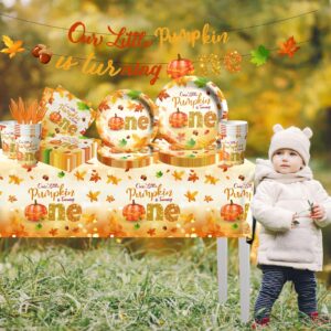 Dydamud Our Little Pumpkin is Turning One Decorations,143Pcs Little Pumpkin 1st Birthday Tableware Maple Leaf Fall Baby Shower Plates and Napkins for Thanksgiving Pumpkin First birthday Supplies