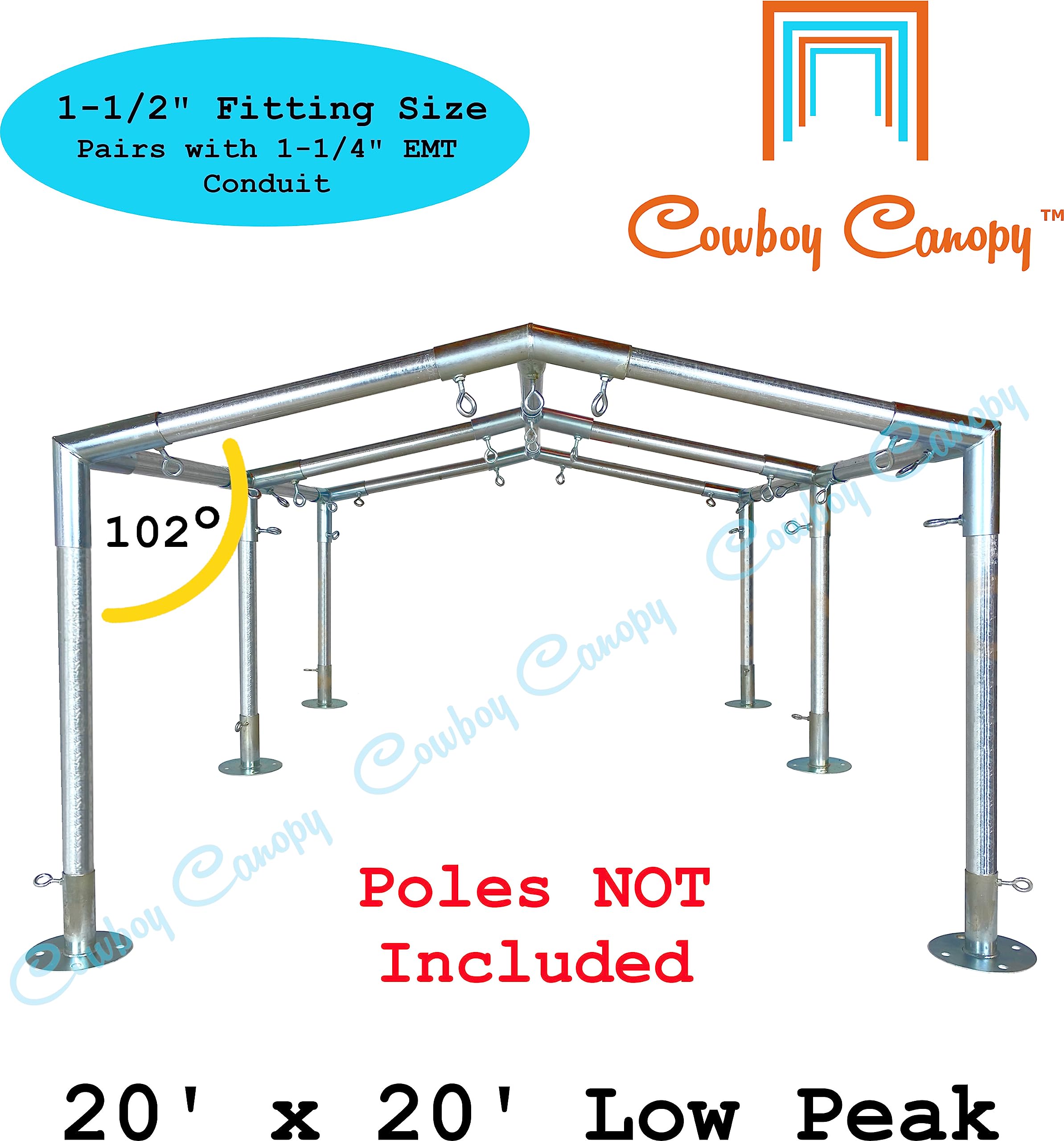 Carport Kit, 20' x 20' Low Peak Canopy Fittings, DIY Metal Carport Frame Parts, 1-1/2" EMT Fittings