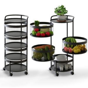 rotating kitchen storage rack no assembly, 4-tier round metal storage basket shelves,rotating tower organizer with rolling wheels with 4 drawers for fruit vegetable grocery(4-tier, black)