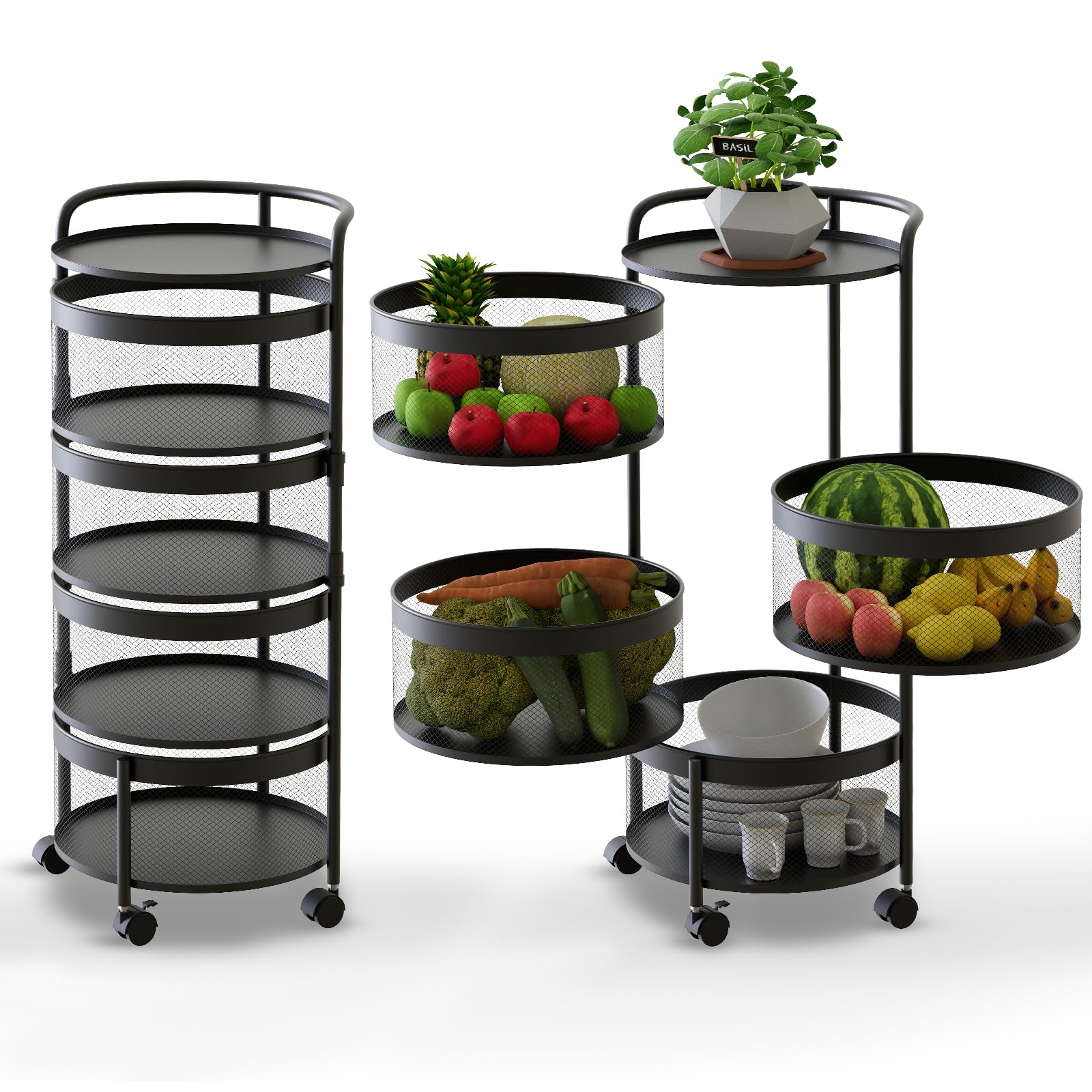 Rotating Kitchen Storage Rack No Assembly, 4-Tier Round Metal Storage Basket Shelves,Rotating Tower Organizer with Rolling Wheels with 4 Drawers for Fruit Vegetable Grocery(4-Tier, Black)