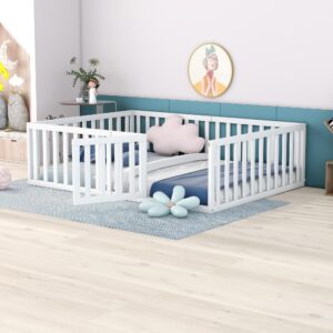 Harper & Bright Designs Full Size Floor Bed with Rails,Montessori Floor Bed Wood Frame with Fence and Door, for Kids Girls Boys (White)