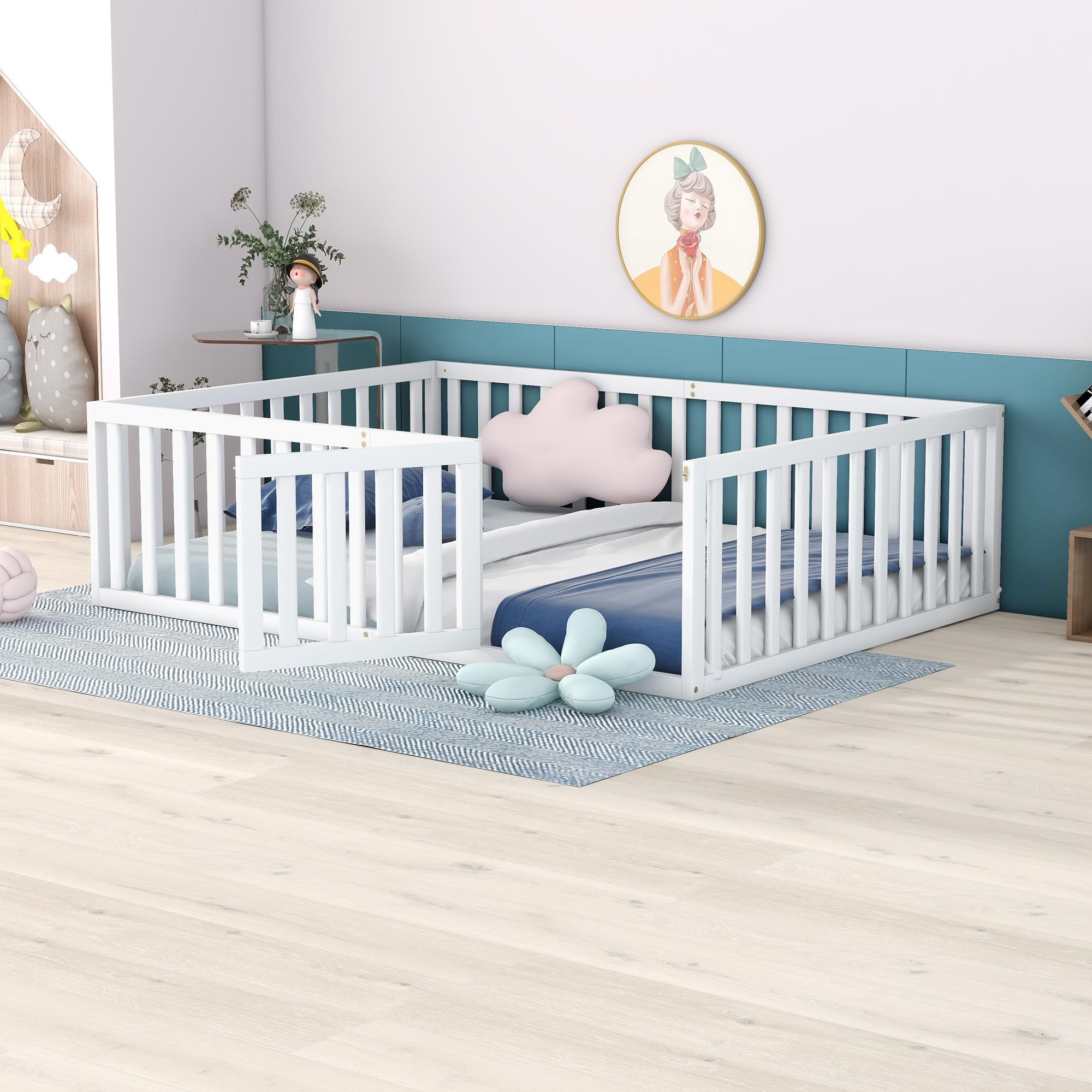 Harper & Bright Designs Full Size Floor Bed with Rails,Montessori Floor Bed Wood Frame with Fence and Door, for Kids Girls Boys (White)