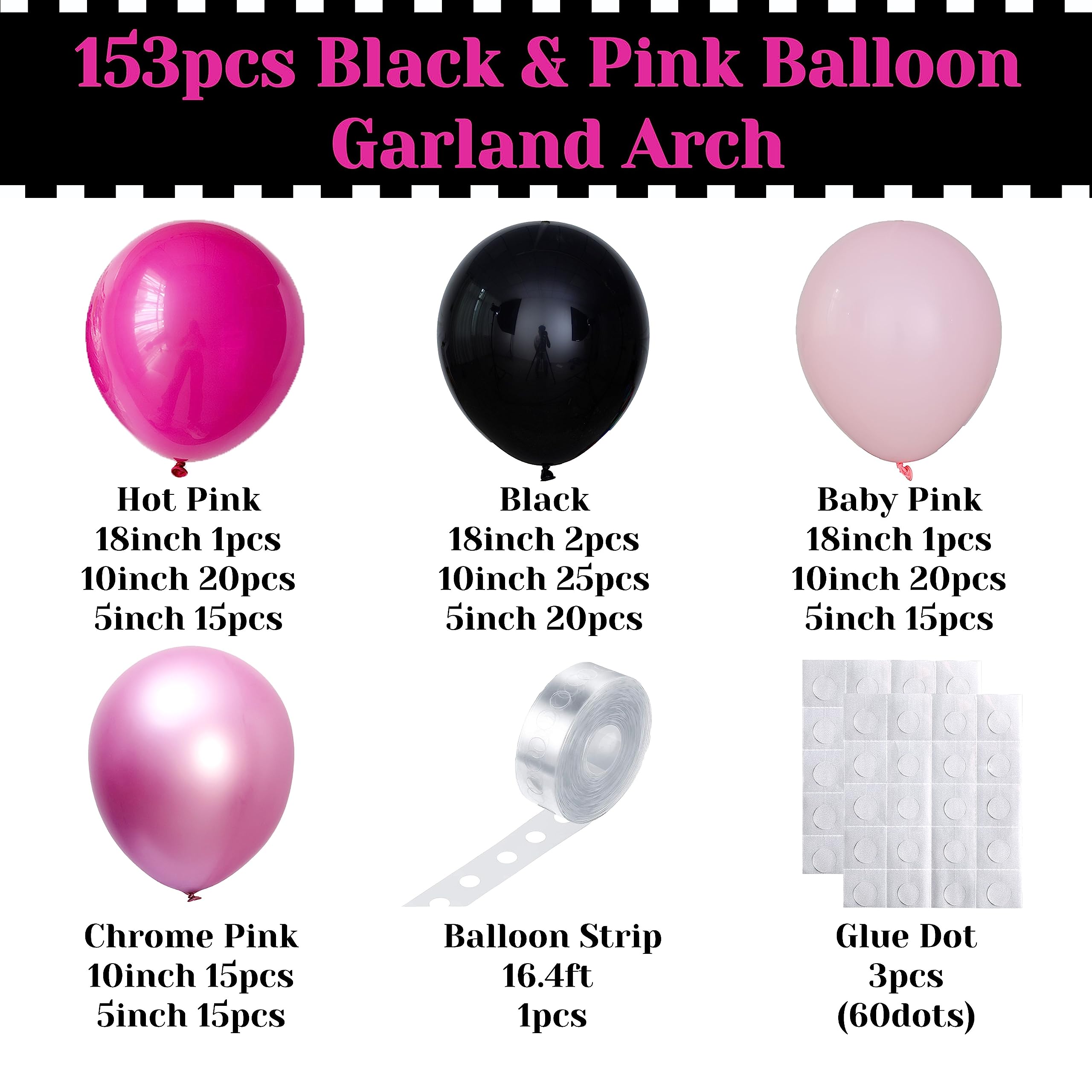 Enanal Pink and Black Balloon Garland Arch Kit, 153pcs Black Magenta Baby Pink and Chrome Pink Balloons for Girls Birthday Decoration Sweet 16 Party Supplies Bridal Shower Graduation Decor (Pink)