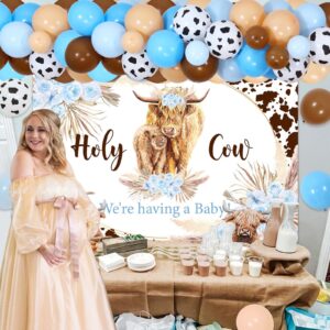 JOYMEMO Highland Cow Baby Shower Decorations for Boy - Blue Cow Balloon Garland Arch Kit with Holy Cow We are Having a Baby Backdrop, Boho Floral Highland Cattle Baby Shower Party Supplies