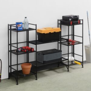 Convenience Concepts Xtra Storage 3 Tier Folding Metal Shelves with Set of 2 Extension Shelves - Organizer for Living Room, Office, Bedroom, Garage, Kitchen, Bathroom, Black