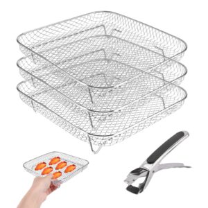 square air fryer rack,3 layer stainless steel stackable dehydrato-r rack with an-ti-scalding clip,stainless steel multi-layer dehydrato-r rack air fryer accessories(silver)