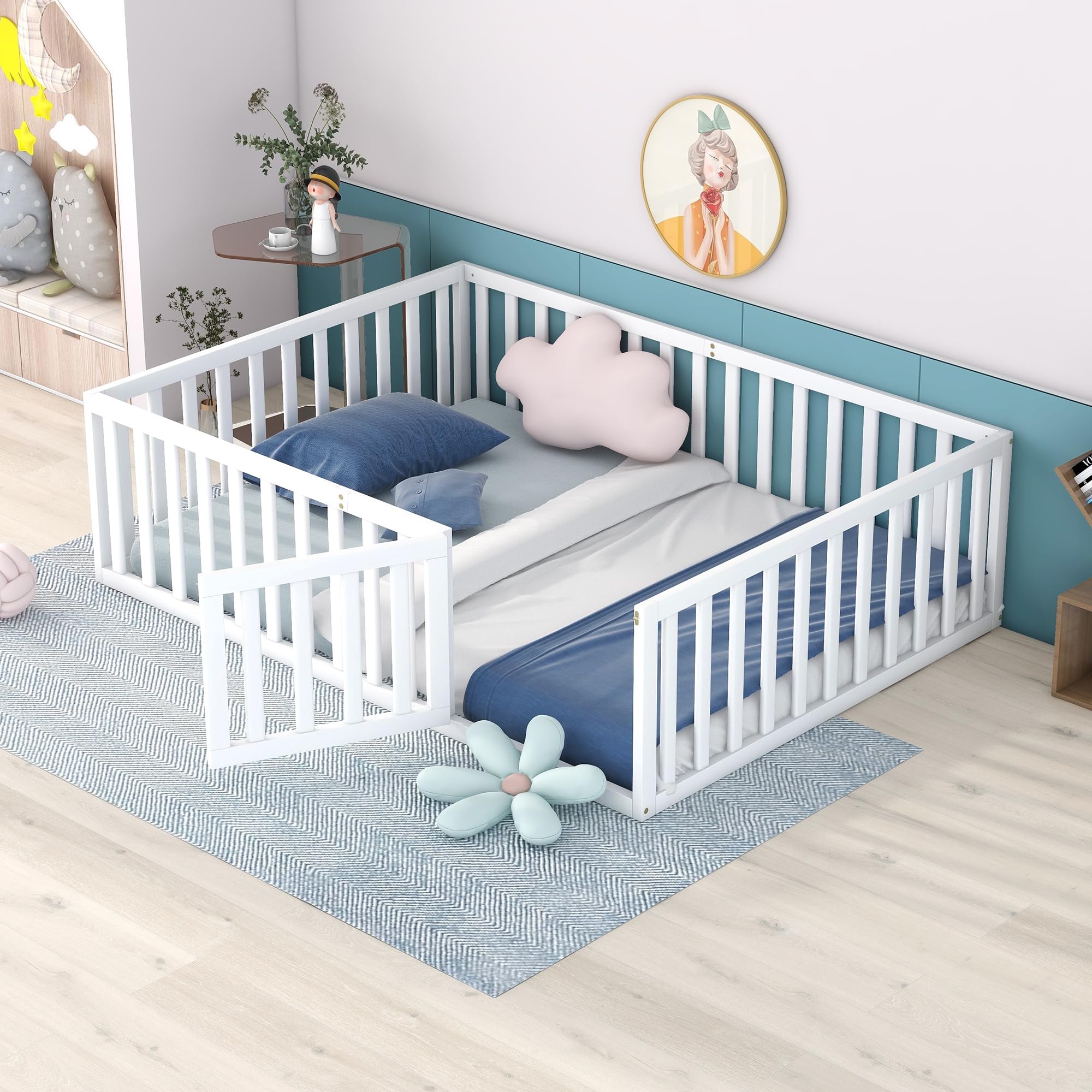 Harper & Bright Designs Full Size Floor Bed with Rails,Montessori Floor Bed Wood Frame with Fence and Door, for Kids Girls Boys (White)