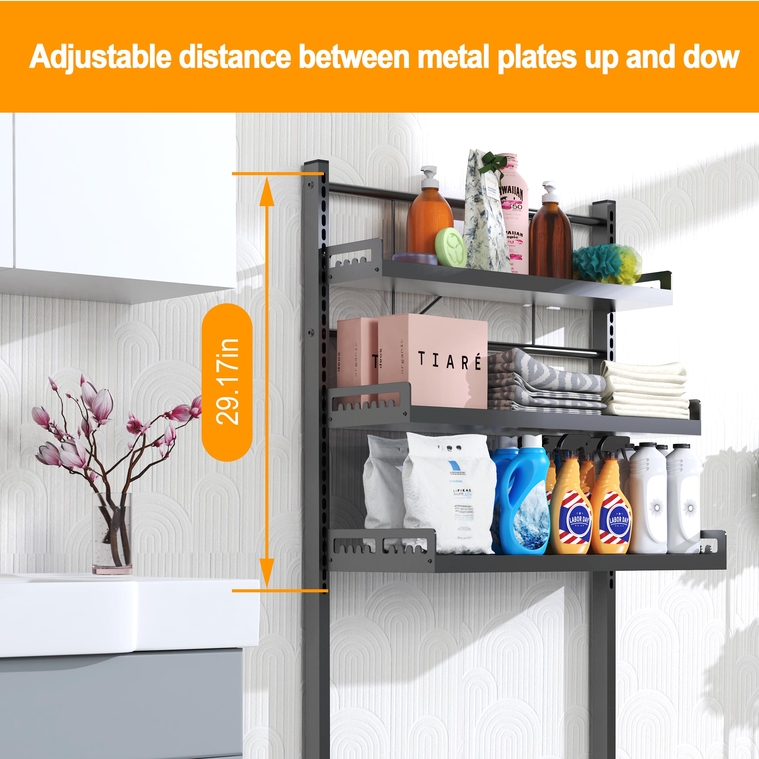 Virgorack Multifunctional Storage Three-Tier Adjustable Height Laundry Room Shelf Space Saving Organizer