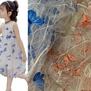 2Yards White mesh Blue Fantasy Butterfly Embroidery Lace White Mesh Fabric DIY Beautiful Creative Skirt Dress Decoration Fabric(White)