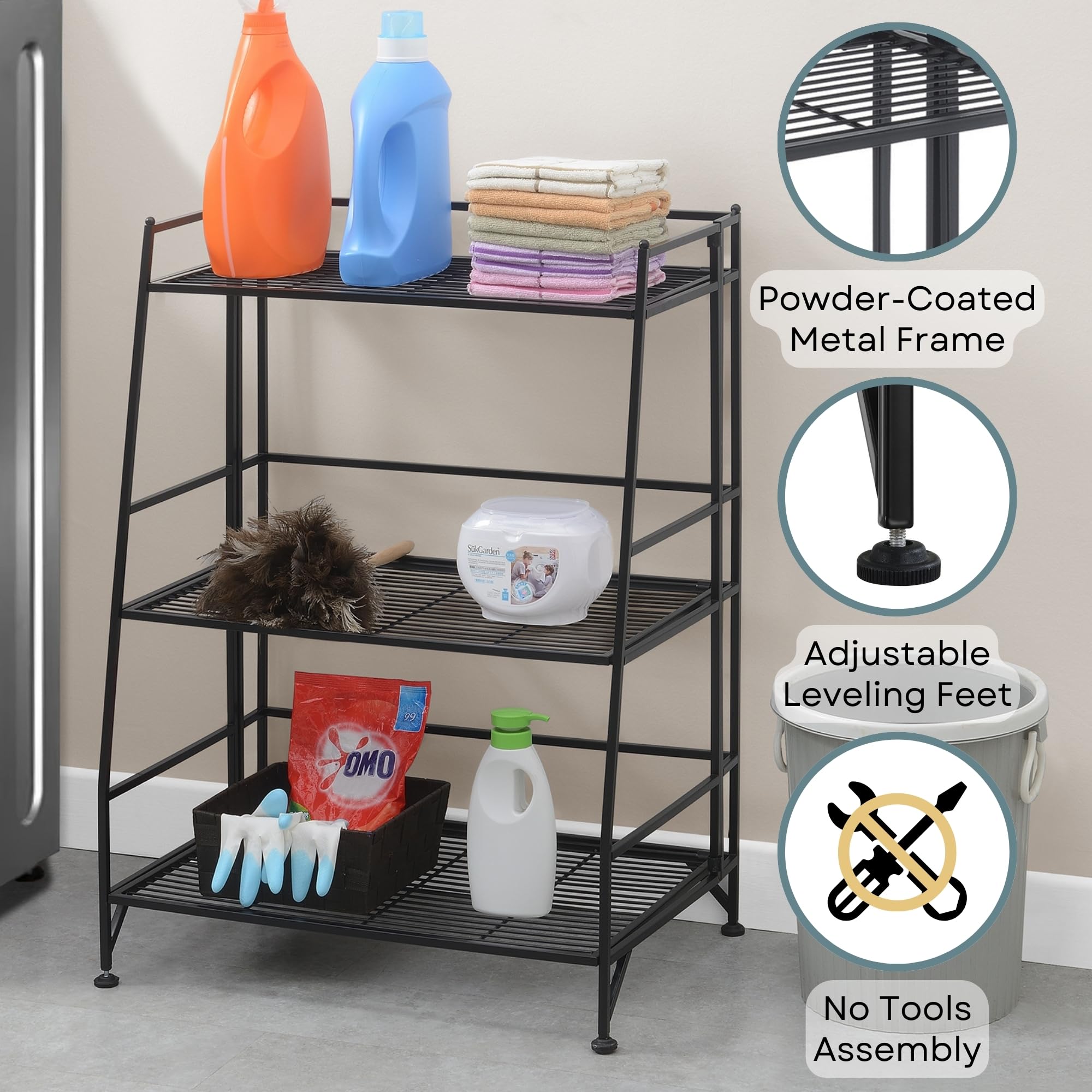 Convenience Concepts Xtra Storage Shelves - 3-Tier Ladder Folding Metal Shelving Organizer Stand, Modern Stands for Storage and Display in Living Room, Bathroom, Office, Den, Kitchen, Garage, Black