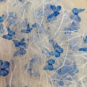 2Yards White mesh Blue Fantasy Butterfly Embroidery Lace White Mesh Fabric DIY Beautiful Creative Skirt Dress Decoration Fabric(White)