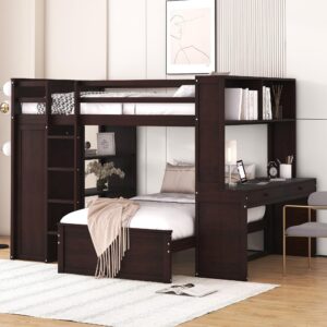 full over twin bunk bed with desk, wood full size loft bed with storage shelves, wardrobe and a twin platform bed frame for kids boys girls teens, espresso