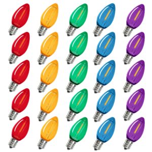 exiugus 25pack shatterproof & waterproof c7 replacement led light bulbs – 0.6w equivalent to 7w, multi-color c7 led bulbs for outdoor string light, commercial grade holiday bulbs