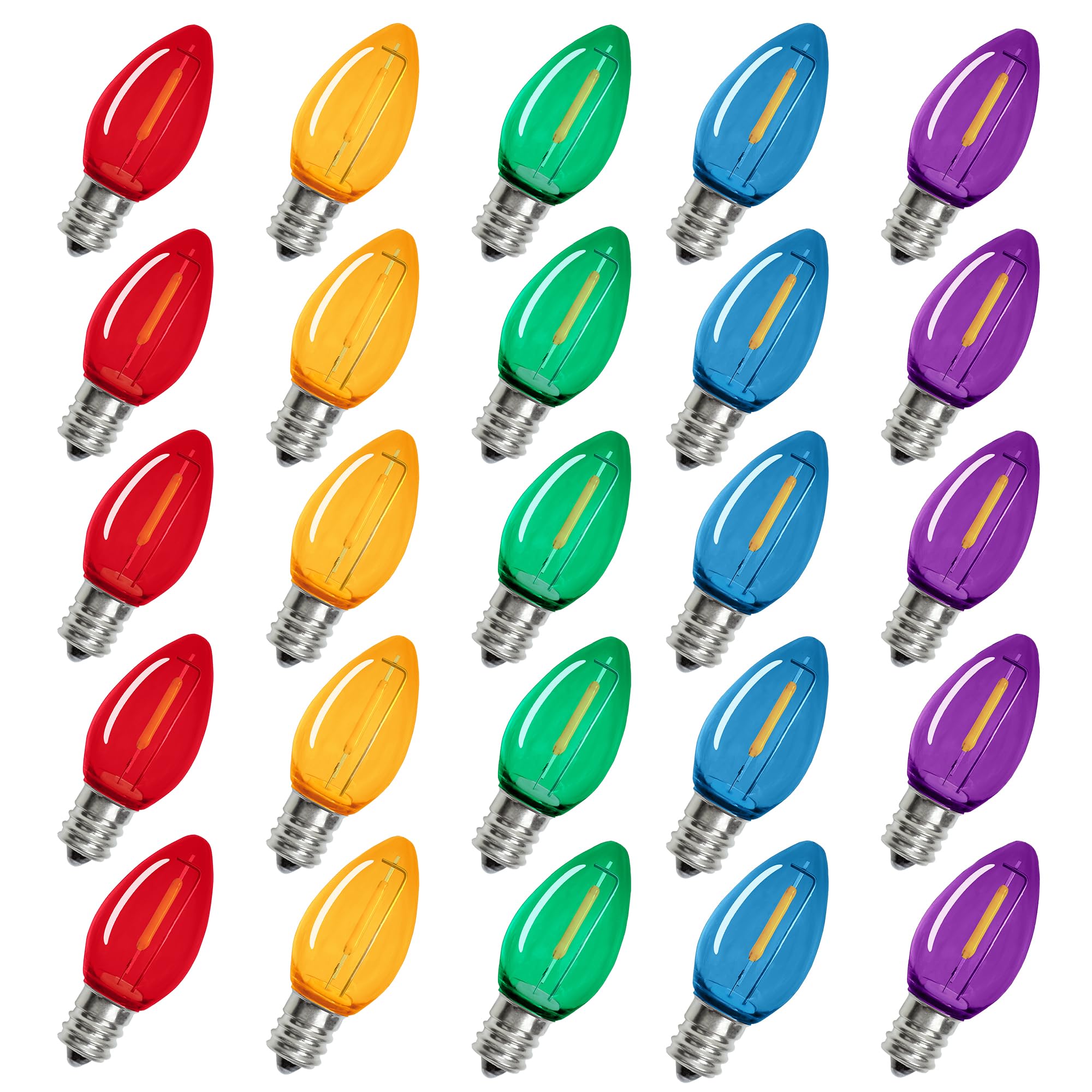 Exiugus 25Pack Shatterproof & Waterproof C7 Replacement LED Light Bulbs – 0.6W Equivalent to 7W, Multi-Color C7 LED Bulbs for Outdoor String Light, Commercial Grade Holiday Bulbs