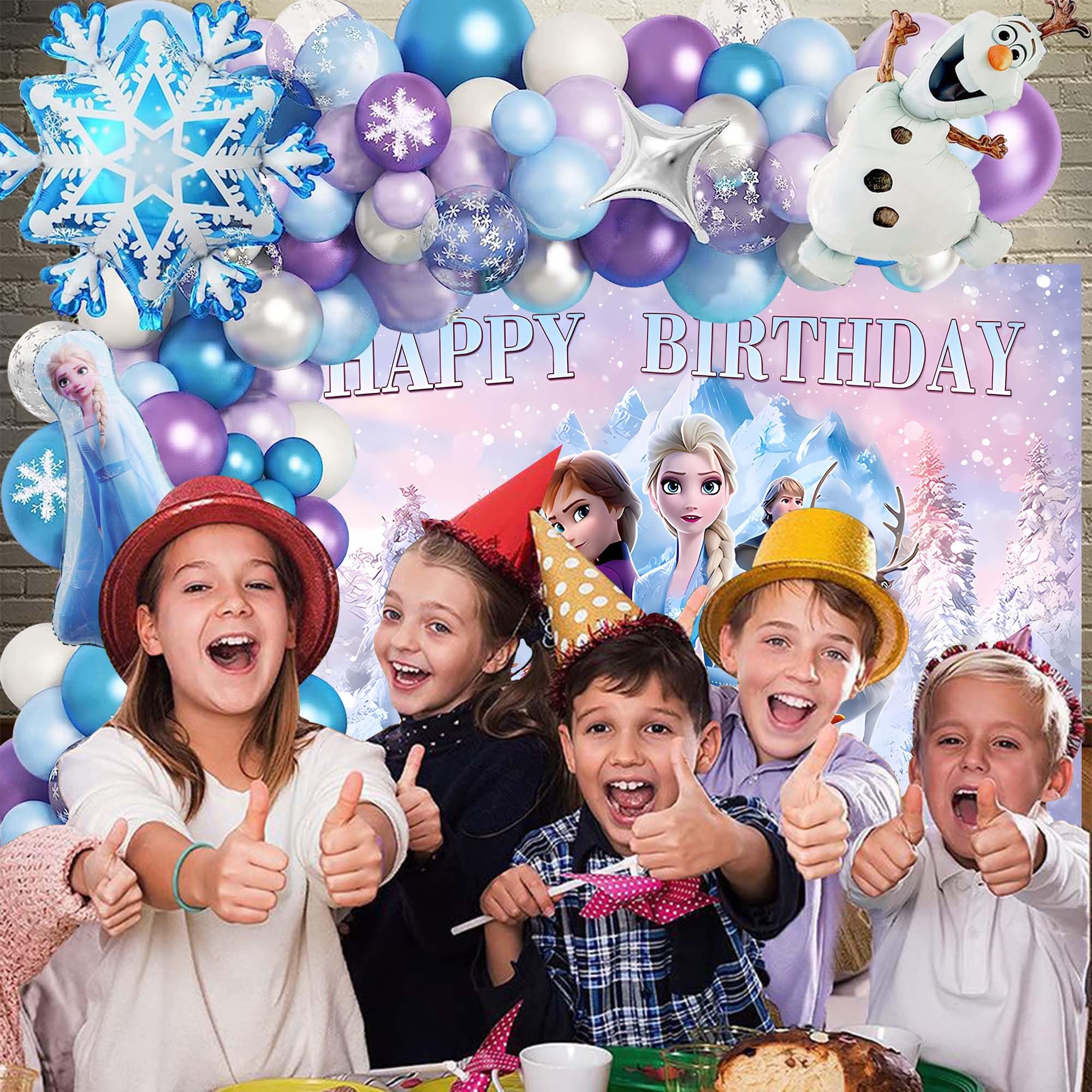 Frozen Birthday Party Supplies, Frozen Party Decorations Includes Snowflake Balloon Garland Arch Kit,Frozen Backdrop, Frozen Tablecloth, Elsa, Snowman and Snowflake Foil Balloon