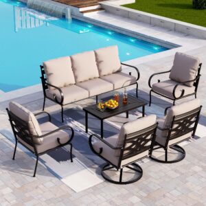 phi villa metal patio outdoor furniture sets,large heavy duty patio conversation sets for backyard, porch and garden（beige, 6 pcs w/table）