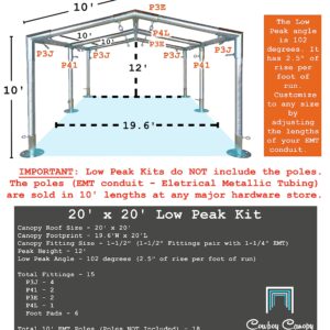 Carport Kit, 20' x 20' Low Peak Canopy Fittings, DIY Metal Carport Frame Parts, 1-1/2" EMT Fittings