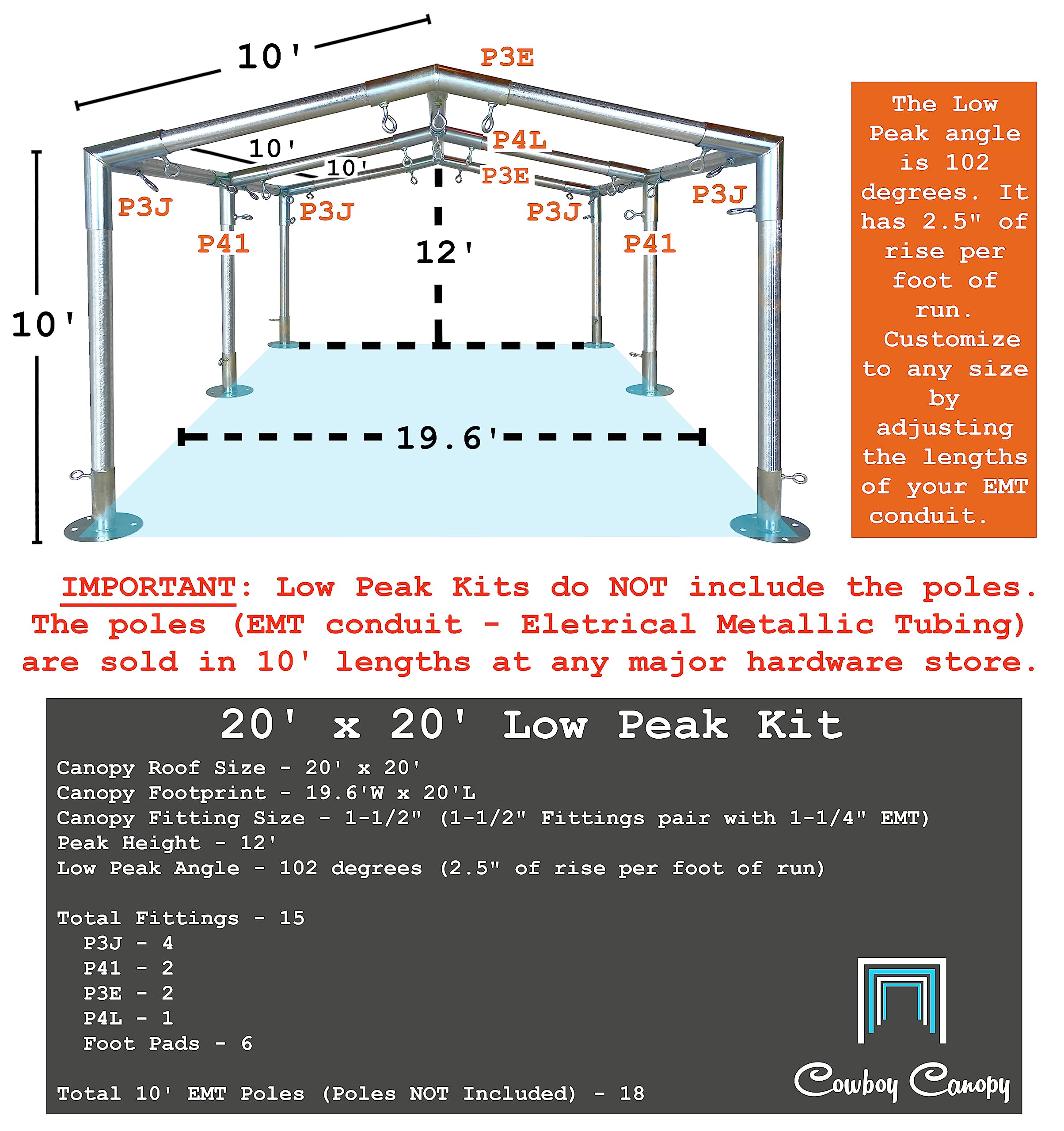 Carport Kit, 20' x 20' Low Peak Canopy Fittings, DIY Metal Carport Frame Parts, 1-1/2" EMT Fittings