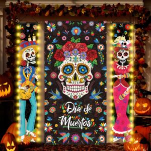 tiamon 3 pcs day of the dead porch sign with led lights, mexican dia de los muertos party door decorations, day of the dead sugar skull door banner for halloween fiesta party, 11.8 x 70.9 inches