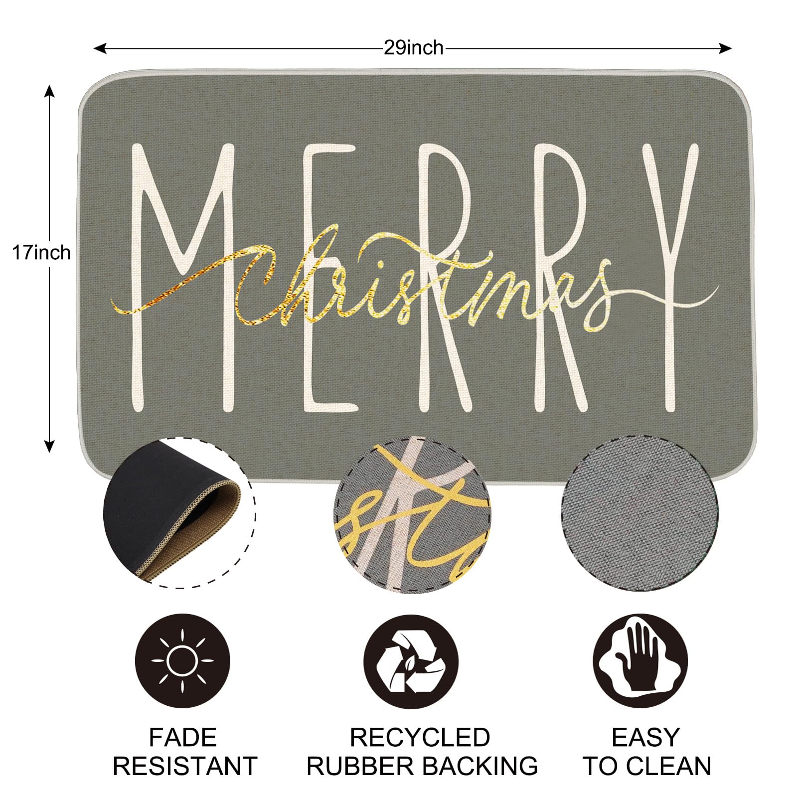 ONWAY Merry Christmas Doormat, Grey Gold Winter Seasonal Door Mat Christmas Holiday Low-Profile Floor Rug Switch Mat for Indoor Outdoor 17.5 x 29 Inch