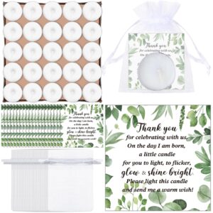 mtlee 50 sets baby shower candle favors for guests including 50 pcs tea light candles and 50 thank tags and 50 return gift bags for baby shower gender reveal party favors(white, leaves)