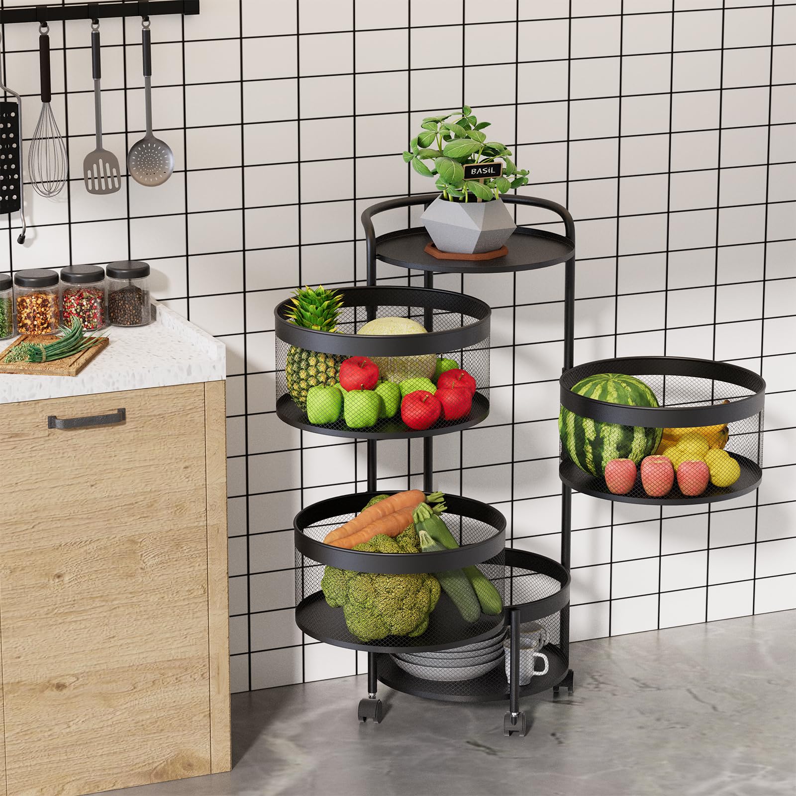 Rotating Kitchen Storage Rack No Assembly, 4-Tier Round Metal Storage Basket Shelves,Rotating Tower Organizer with Rolling Wheels with 4 Drawers for Fruit Vegetable Grocery(4-Tier, Black)