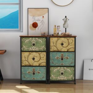 Tohomeor Small Dresser for Bedroom with Retro Flower Narrow Drawers Slim Chest of Drawers Skinny Nightstand Sofa End Table for Living Room Entryway Closet Storage (Multi, 3 Drawers)