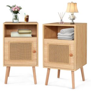 krofem modern mid century boho rattan cane nightstand set of 2, end table with open storage, solid wood legs, bedroom night stand, natural, clearance