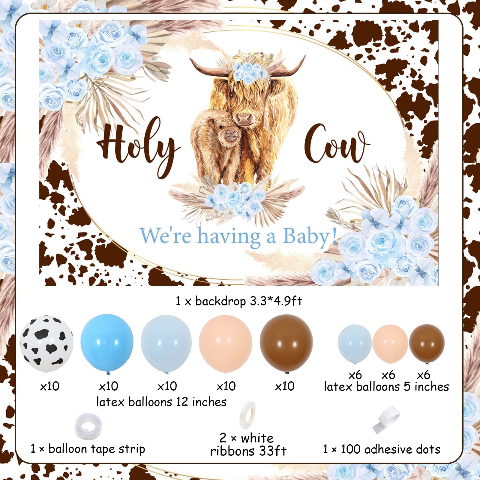 JOYMEMO Highland Cow Baby Shower Decorations for Boy - Blue Cow Balloon Garland Arch Kit with Holy Cow We are Having a Baby Backdrop, Boho Floral Highland Cattle Baby Shower Party Supplies