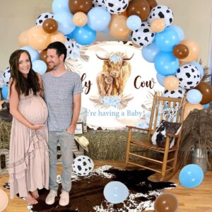 JOYMEMO Highland Cow Baby Shower Decorations for Boy - Blue Cow Balloon Garland Arch Kit with Holy Cow We are Having a Baby Backdrop, Boho Floral Highland Cattle Baby Shower Party Supplies