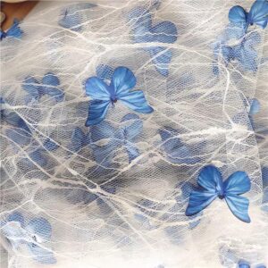 2Yards White mesh Blue Fantasy Butterfly Embroidery Lace White Mesh Fabric DIY Beautiful Creative Skirt Dress Decoration Fabric(White)