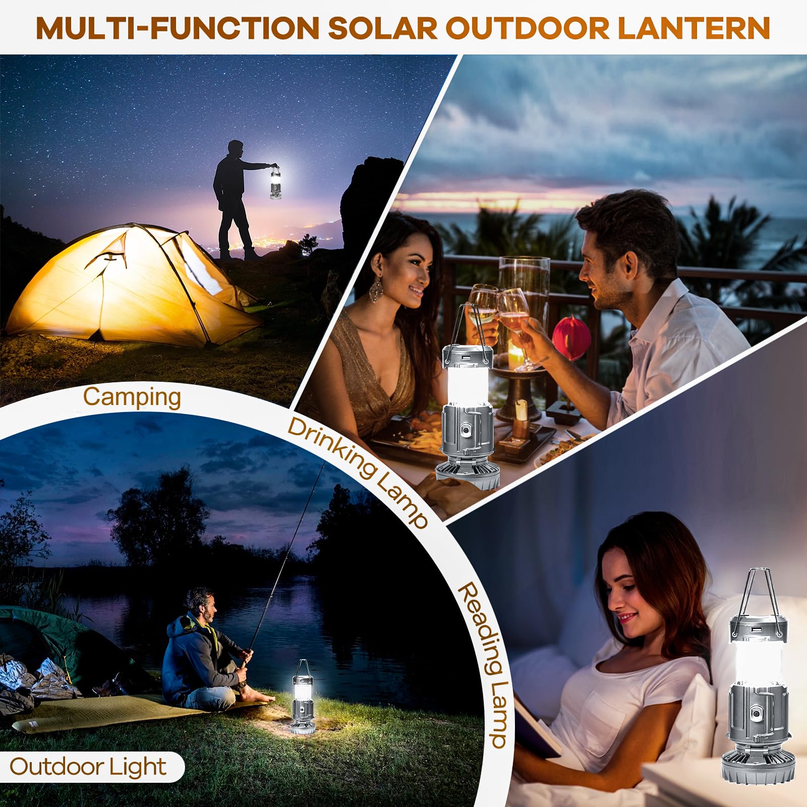 Camping Lanterns with Fan,Solar Camping Fan Charging for Phone, Rechargeable LED Lanterns Camping Fans for Tents Power Outage Hurricanes Camping Gear(Silver)