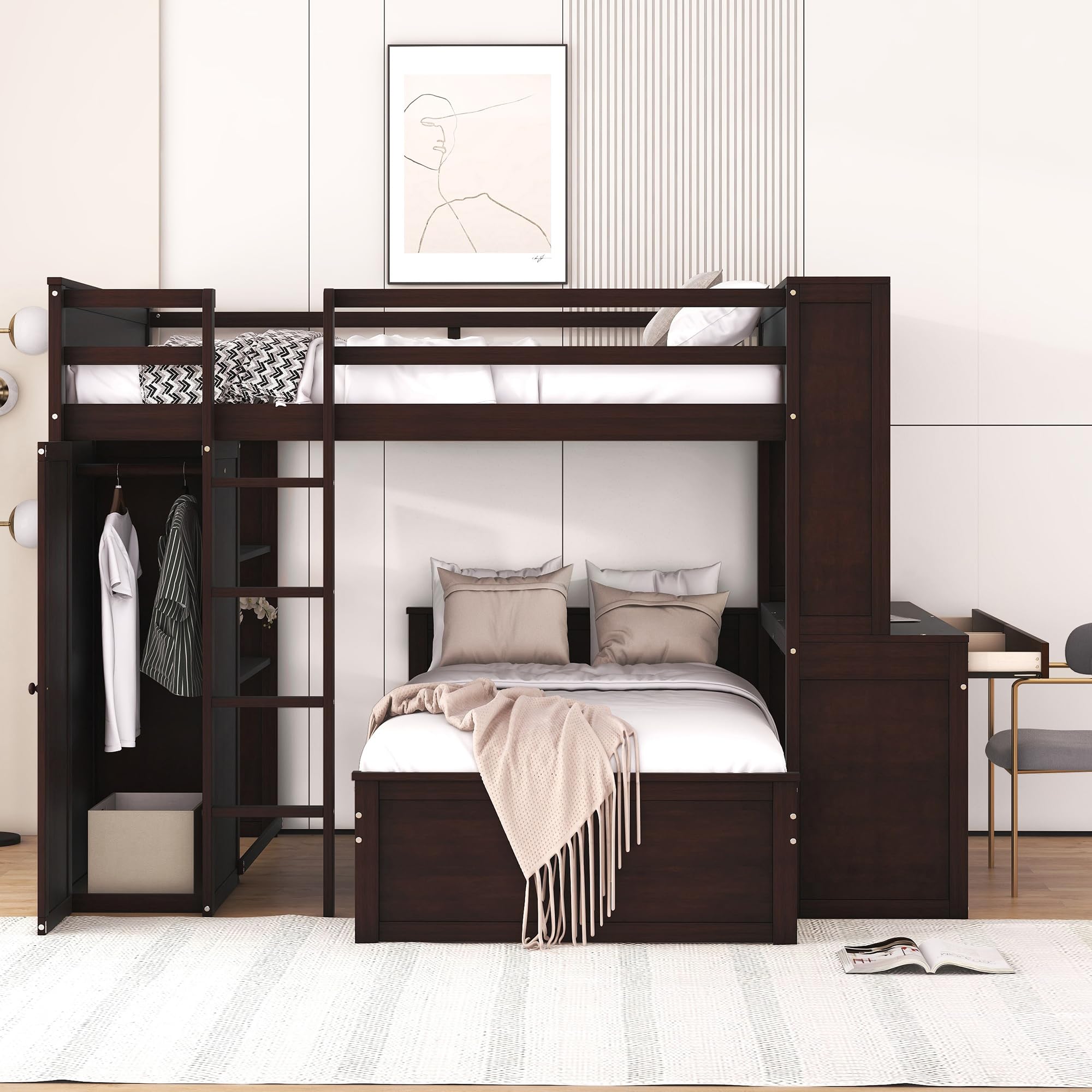 Full Over Twin Bunk Bed with Desk, Wood Full Size Loft Bed with Storage Shelves, Wardrobe and A Twin Platform Bed Frame for Kids Boys Girls Teens, Espresso