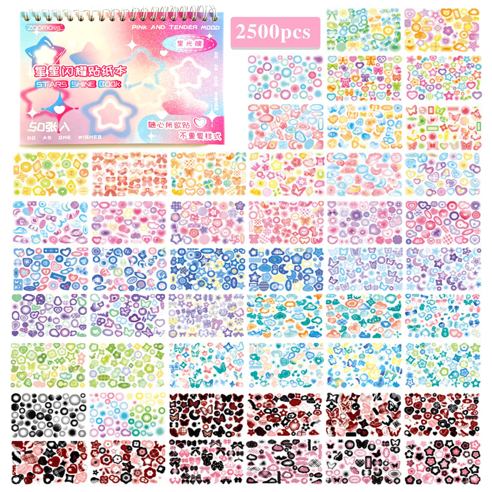 2500PCS Scrapbook Stickers 50 Sheets Kpop Photocard Stickers Book Glitter Self Adhesive Deco Stickers Butterfly Stars Heart Ribbons Deco Stickers Book for Kids Girls Boys Aesthetic Craft Decorate