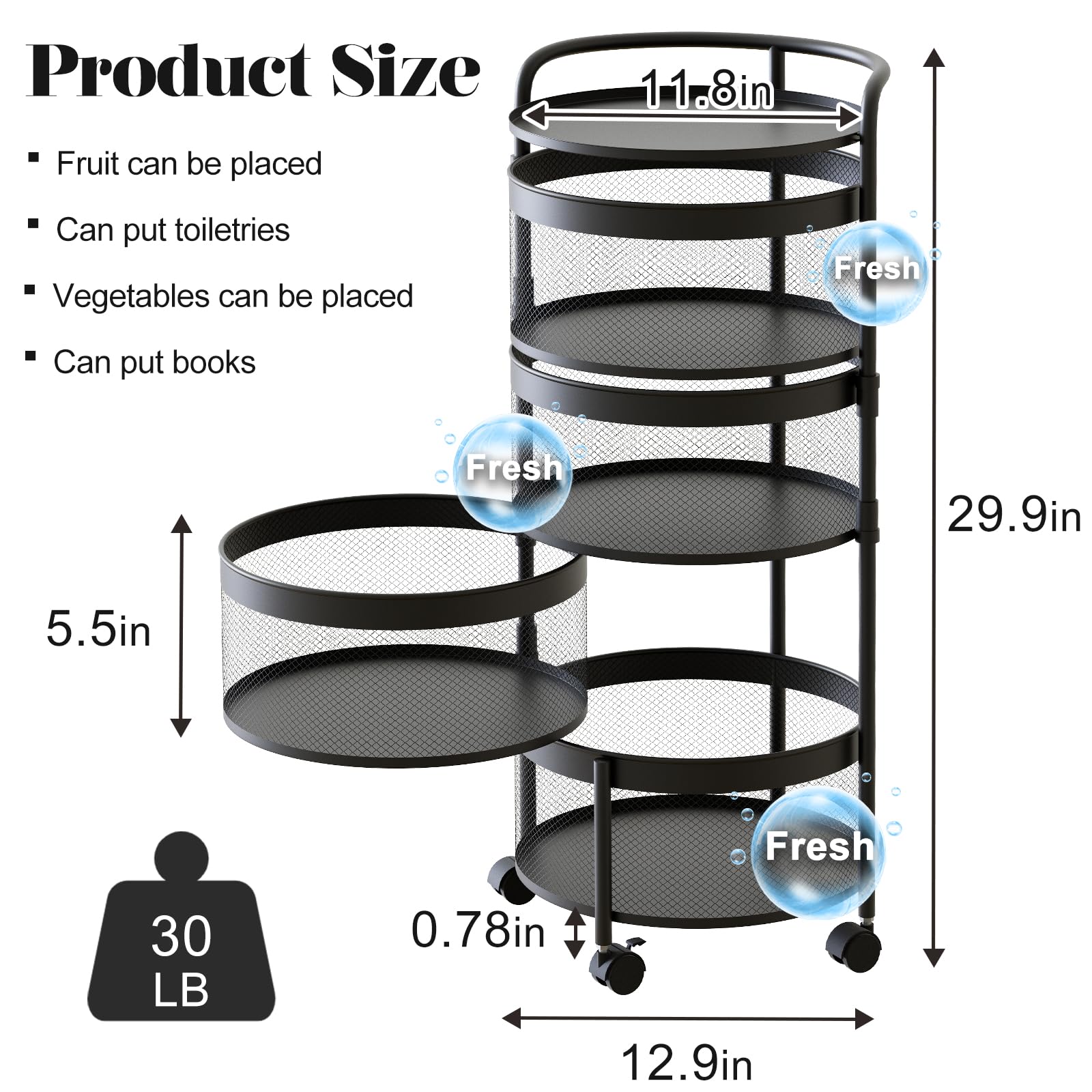 Rotating Kitchen Storage Rack No Assembly, 4-Tier Round Metal Storage Basket Shelves,Rotating Tower Organizer with Rolling Wheels with 4 Drawers for Fruit Vegetable Grocery(4-Tier, Black)