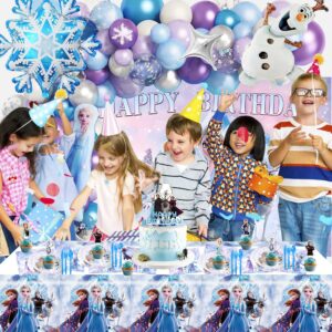 Frozen Birthday Party Supplies, Frozen Party Decorations Includes Snowflake Balloon Garland Arch Kit,Frozen Backdrop, Frozen Tablecloth, Elsa, Snowman and Snowflake Foil Balloon