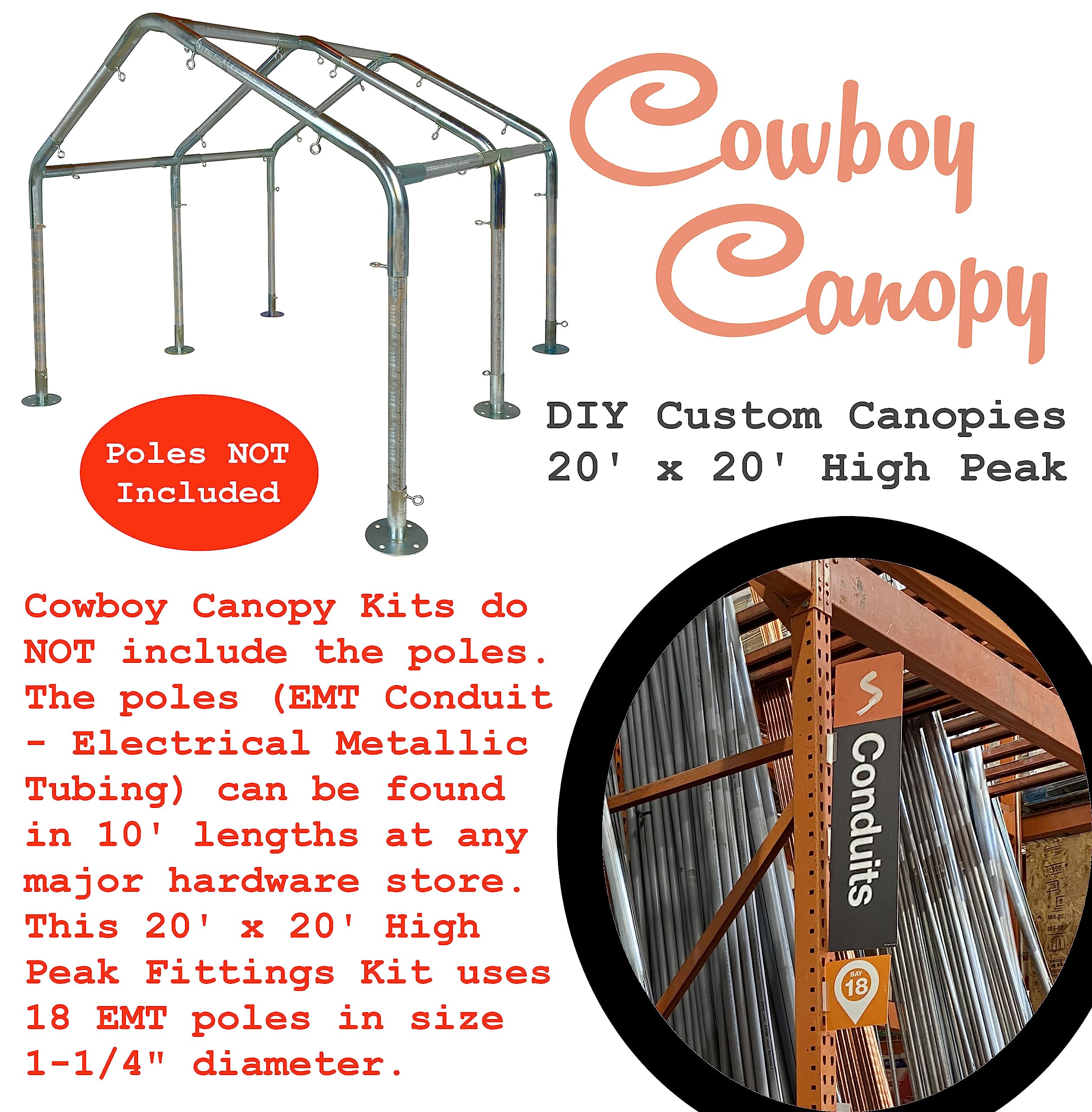 Carport Kit, 20' x 20' High Peak Canopy Fittings, DIY Metal Carport Frame Parts, 1-1/2" EMT Fittings