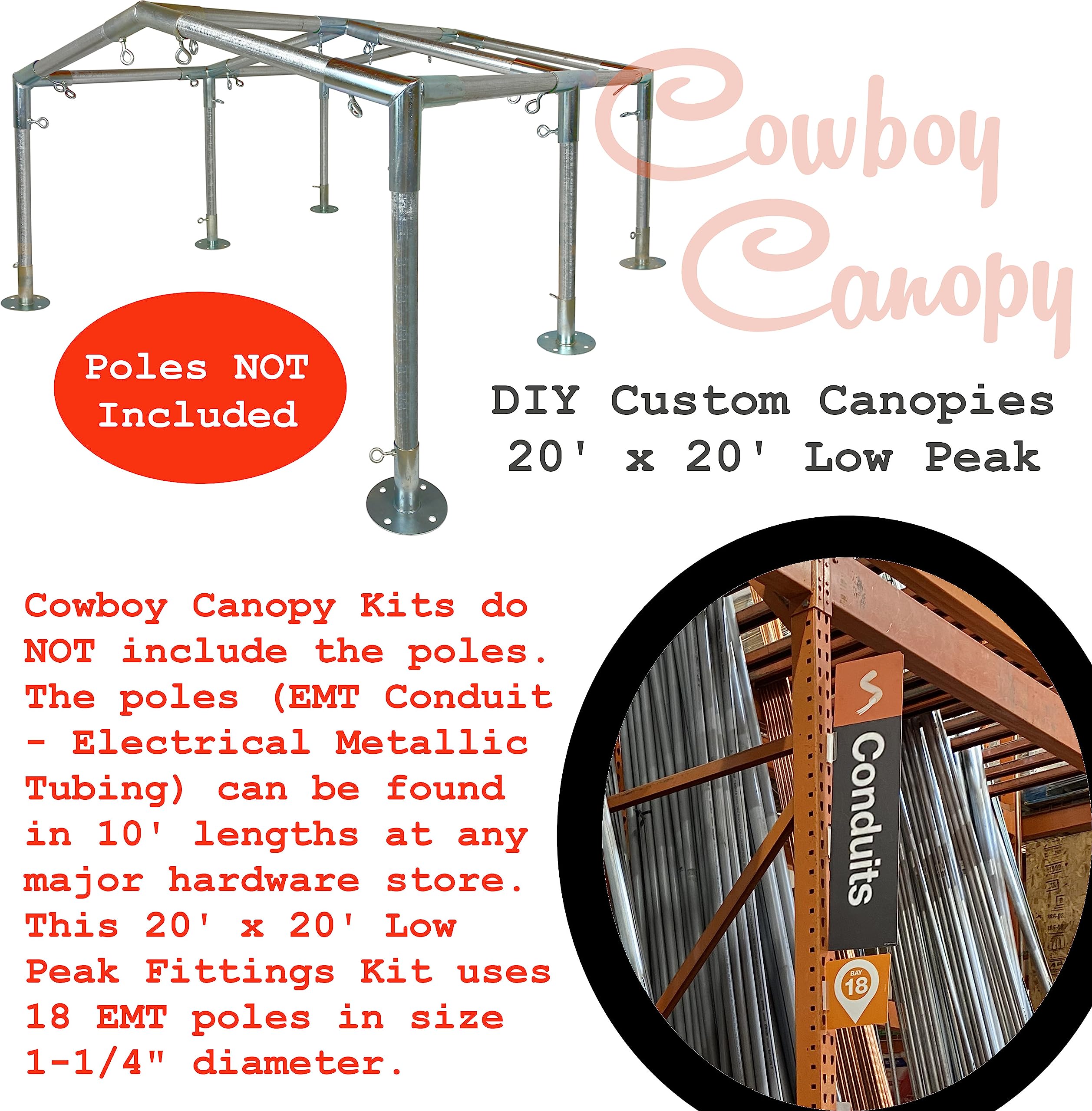 Carport Kit, 20' x 20' Low Peak Canopy Fittings, DIY Metal Carport Frame Parts, 1-1/2" EMT Fittings