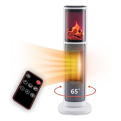 Trendgear Tower Heater for Indoor Use, 750/1500W Ceramic Space Heater with Thermostat&Oscillating, Digital Space Heater with Realistic 3D Flame, Timer and Remote Control