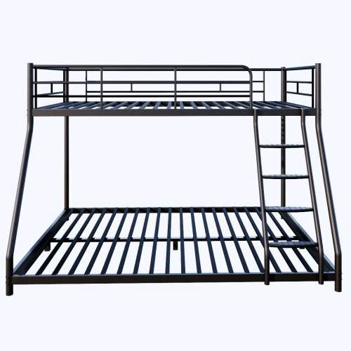 Metal Floor Bunk Bed, Bunk Beds Twin Over Full Size, Heavy Duty Bed Frame w/Sloping Ladder and Safety Guardrails for Boys Girls Teens Adults, No Box Spring Needed (Black)