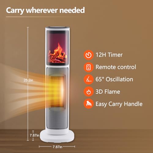 Trendgear Tower Heater for Indoor Use, 750/1500W Ceramic Space Heater with Thermostat&Oscillating, Digital Space Heater with Realistic 3D Flame, Timer and Remote Control