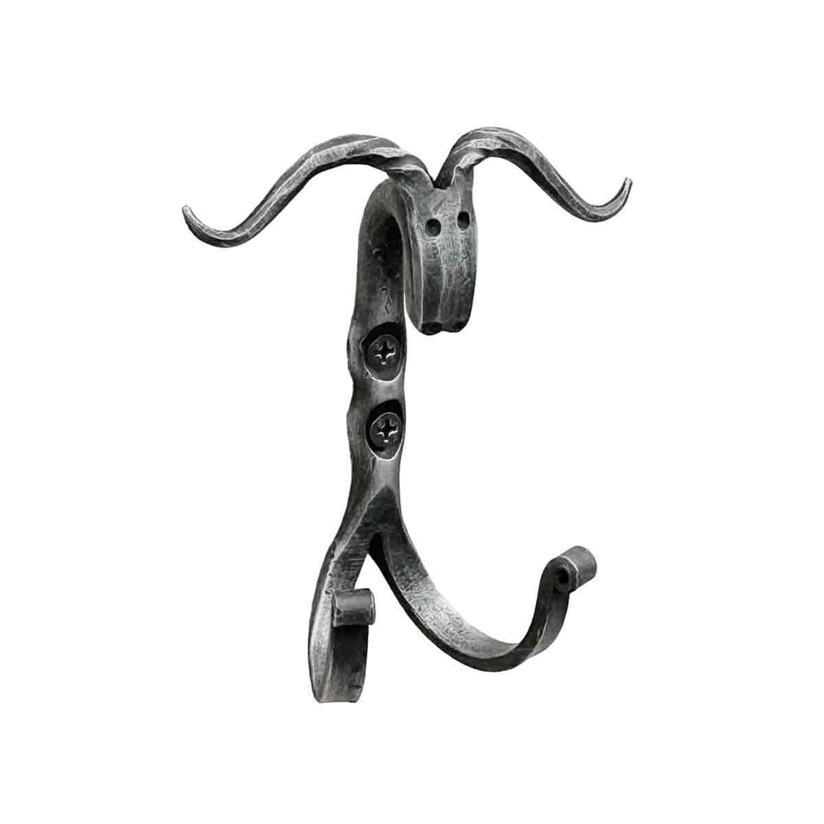 Living Ideas Hand Forged Bull’s Head Double Hook Wrought Iron Handmade Wall Mounted Rustic Hook with Ring Holder Blacksmith Farmhouse Decor Coat Rack Antique Finish Heavy Duty Kitchen Towel Hooks