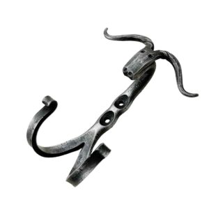 Living Ideas Hand Forged Bull’s Head Double Hook Wrought Iron Handmade Wall Mounted Rustic Hook with Ring Holder Blacksmith Farmhouse Decor Coat Rack Antique Finish Heavy Duty Kitchen Towel Hooks