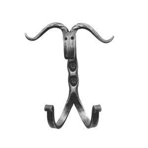 Living Ideas Hand Forged Bull’s Head Double Hook Wrought Iron Handmade Wall Mounted Rustic Hook with Ring Holder Blacksmith Farmhouse Decor Coat Rack Antique Finish Heavy Duty Kitchen Towel Hooks