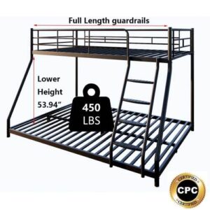 Metal Floor Bunk Bed, Bunk Beds Twin Over Full Size, Heavy Duty Bed Frame w/Sloping Ladder and Safety Guardrails for Boys Girls Teens Adults, No Box Spring Needed (Black)