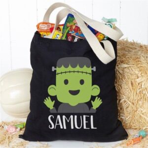 Personalization Universe Trick or Treat Frankie Halloween Candy Tote Bag, 100% Cotton, Machine Washable, Personalized Trick or Treat Bag for Kids, Shopping, and Grocery, 13"W x 14"H with 10" L Straps