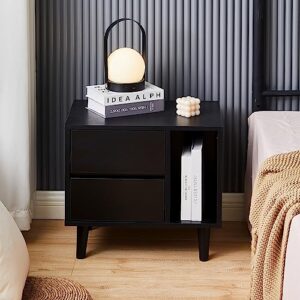 tukailai modern nightstand with 2 drawers, open storage & solid wood legs, bedside table cabinet storage unit for bedroom (black)