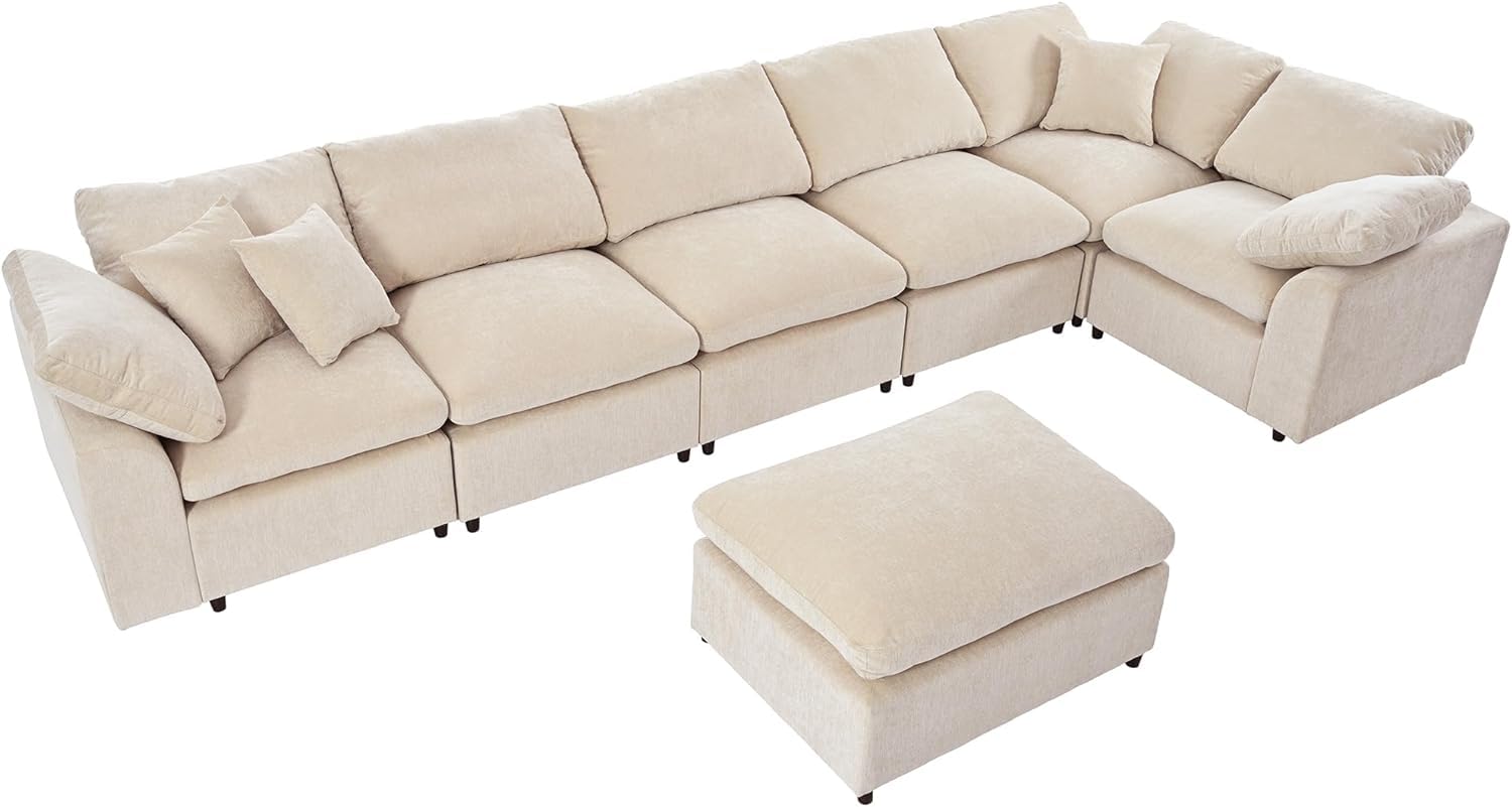 JURMALYN 129.3" Oversized Modular Sectional Sofa Couch for Living Room L U Shaped Sofa with Ottoman, Corner Convertible Sectional Couch for Home Office Spacious Space -Beige